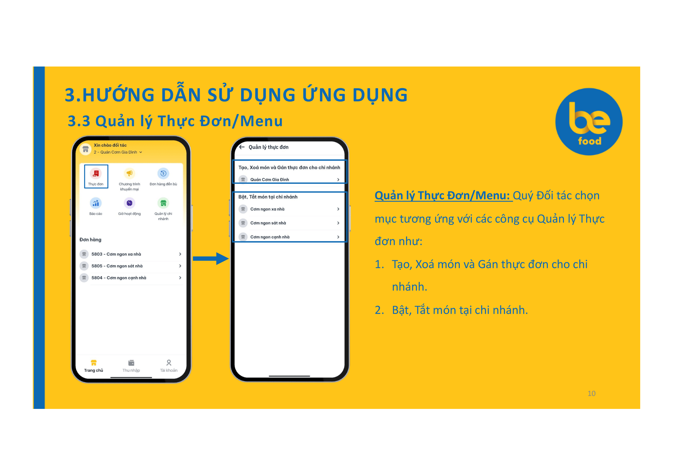 Be | Hướng dẫn sử dụng Ứng dụng Nhà hàng beMerchant